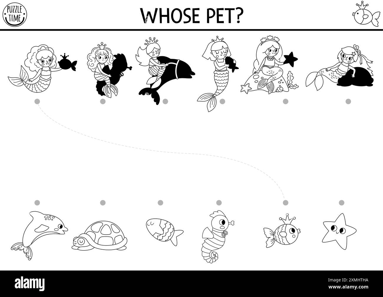 Mermaid black and white shadow matching activity with sea princess ...