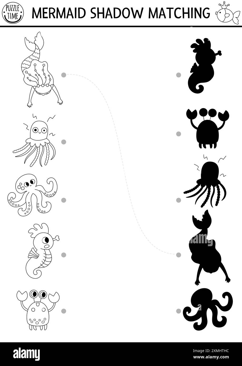 Mermaid black and white shadow matching activity with water animals ...