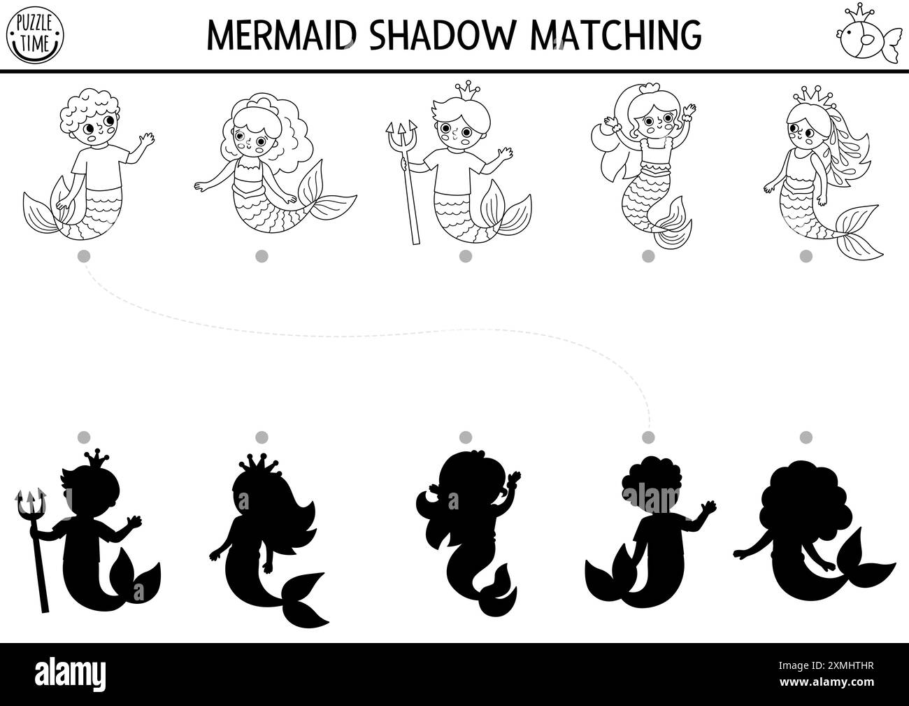 Mermaid and merman black and white shadow matching activity with sea ...