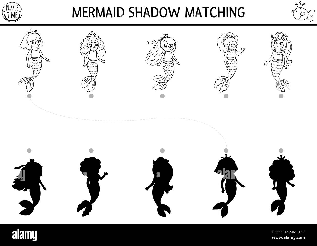Mermaid black and white shadow matching activity with sea princesses ...