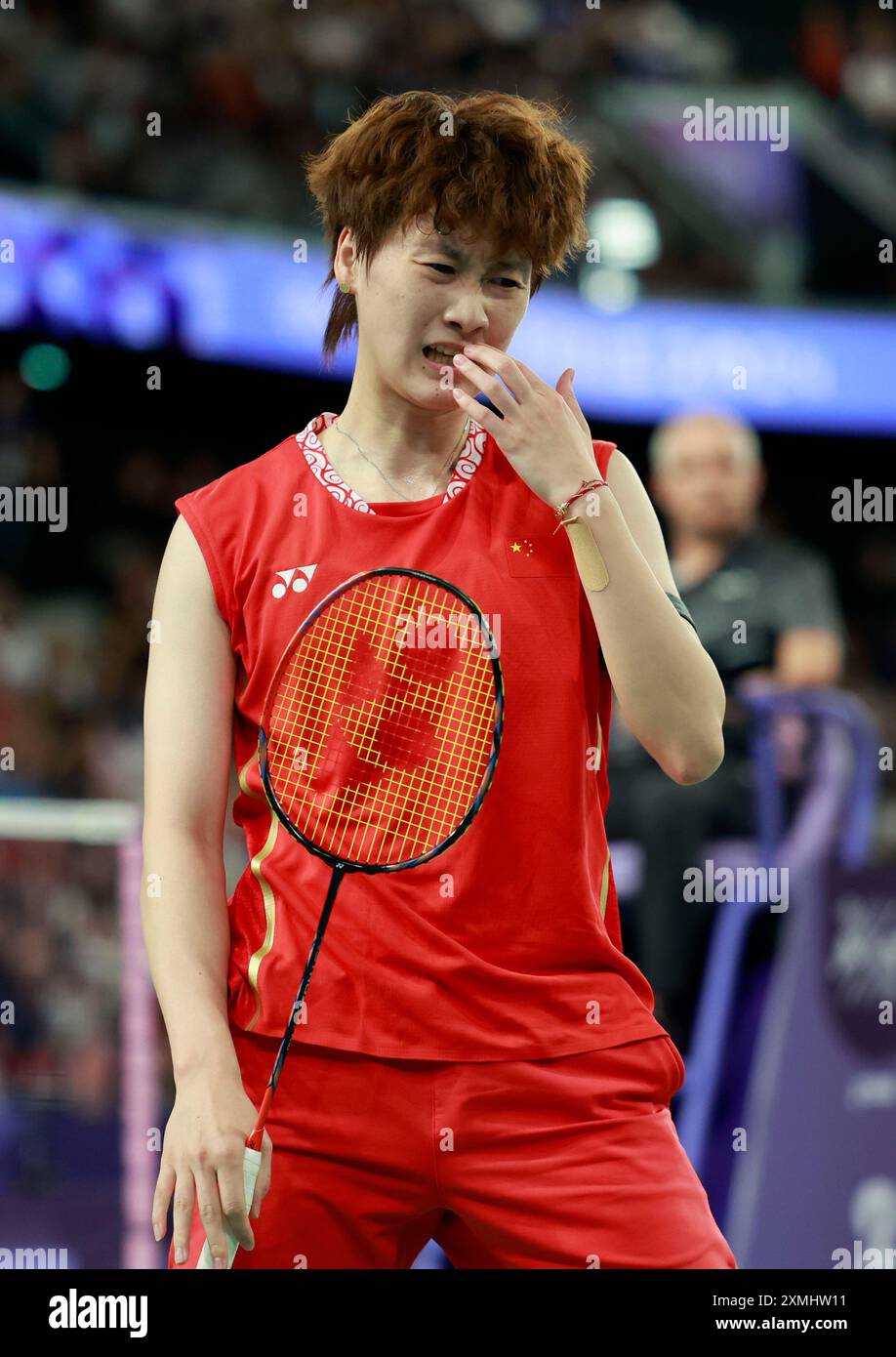Paris, France. 28th July, 2024. Chen Yufei of China reacts during the badminton women's singles ...