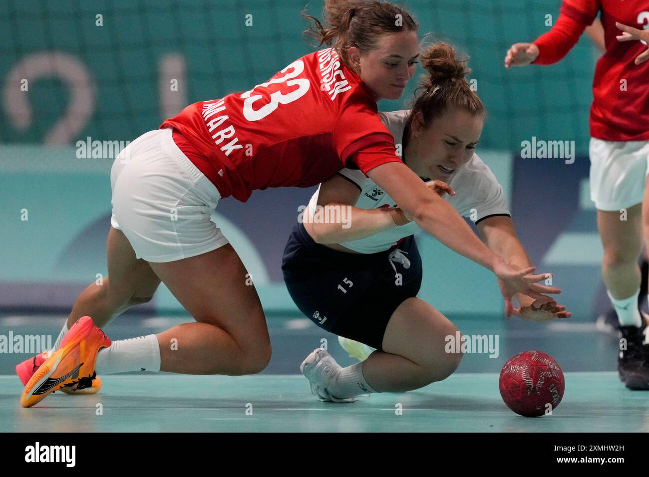 Vilde Ingstad, right, of Norway, challenges Kristina Joergensen, of ...