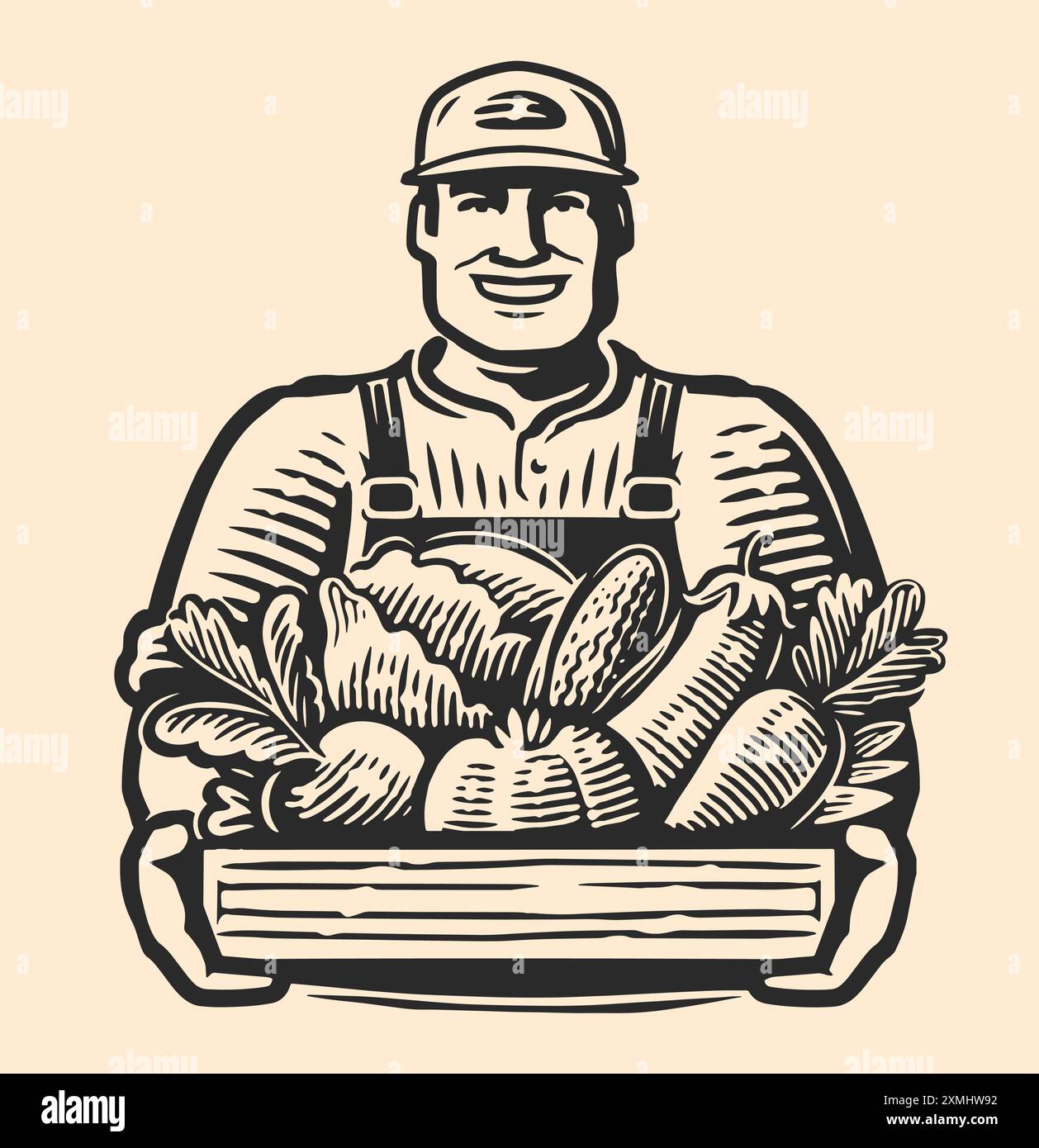 Market worker holding crate full of fresh vegetables. Male farmer and ...