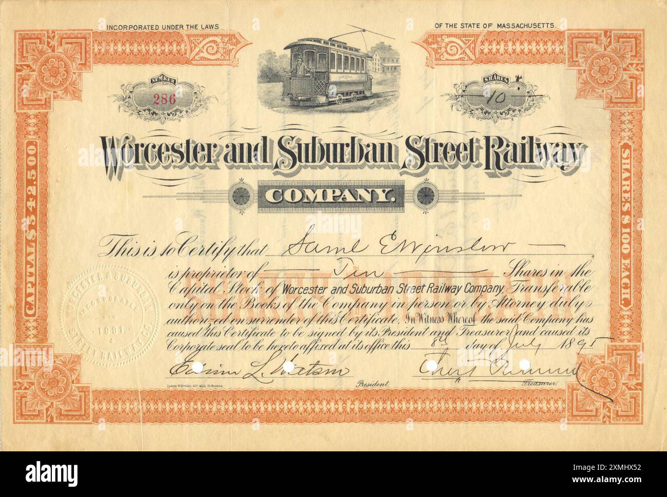 1895 capital stock certificate of the Worcester and Suburban Street ...