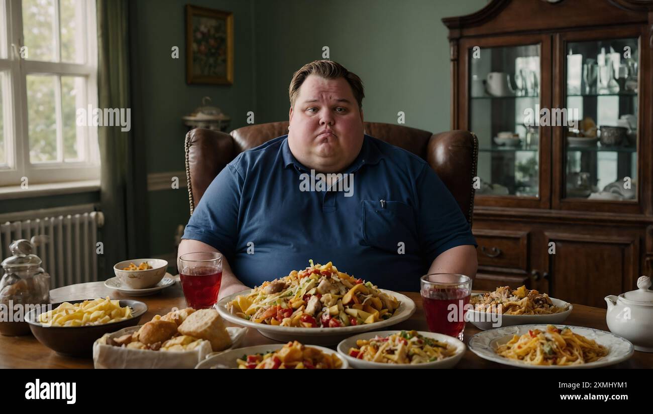 A view of an obese man sitting in an armchair with a lot of food on the ...