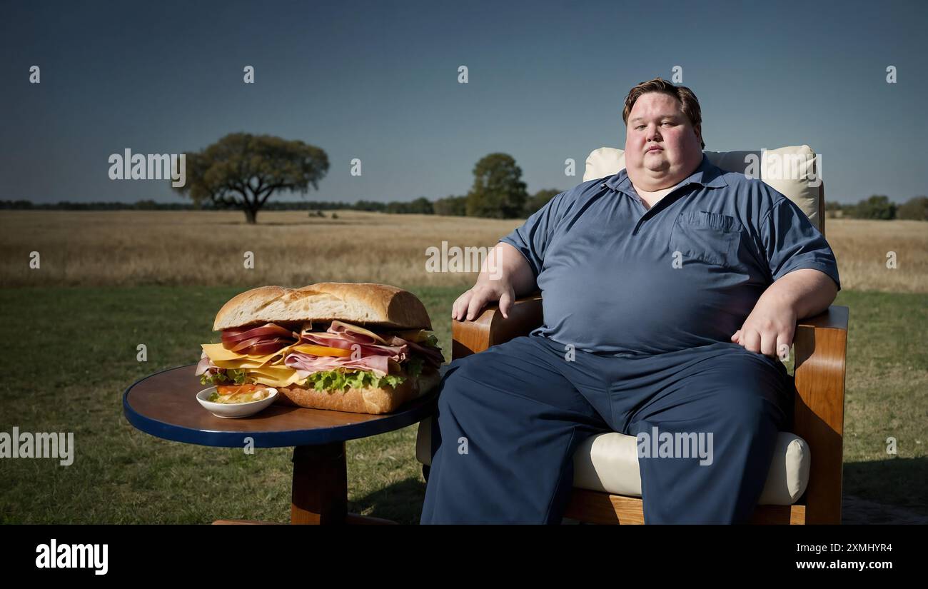 A view of an obese man sitting in an armchair with a lot of food on the ...