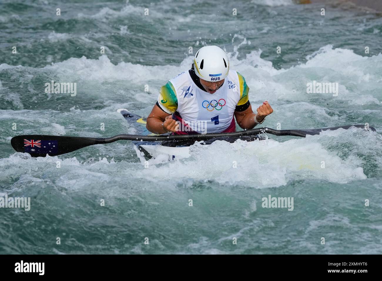 Jessica Fox of Australia reacts at finish of the women's kayak single ...