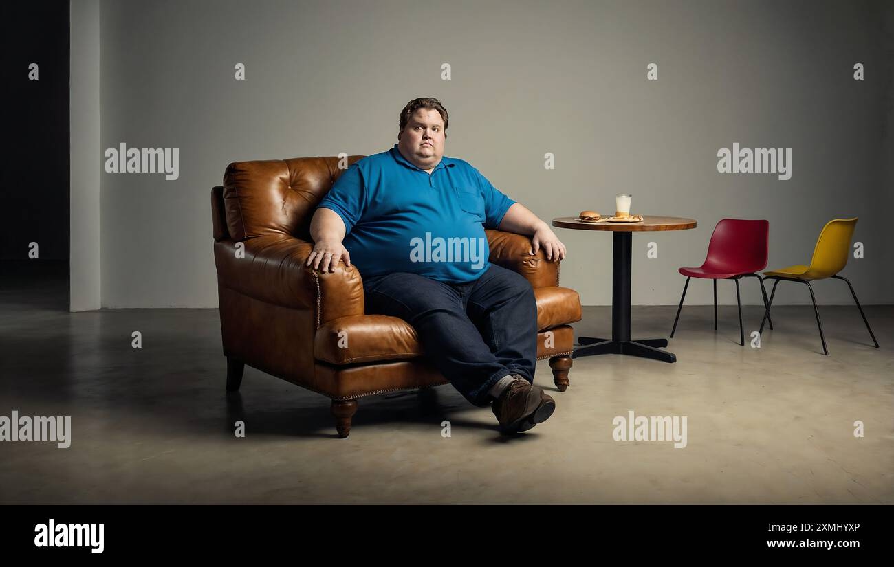 A view of an obese man sitting in an armchair with a lot of food on the ...