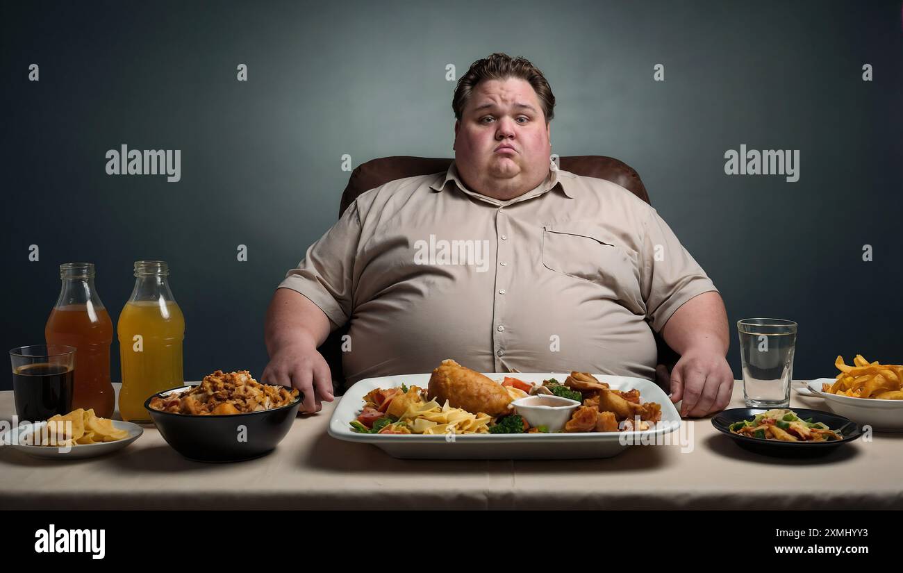 A view of an obese man sitting in an armchair with a lot of food on the ...