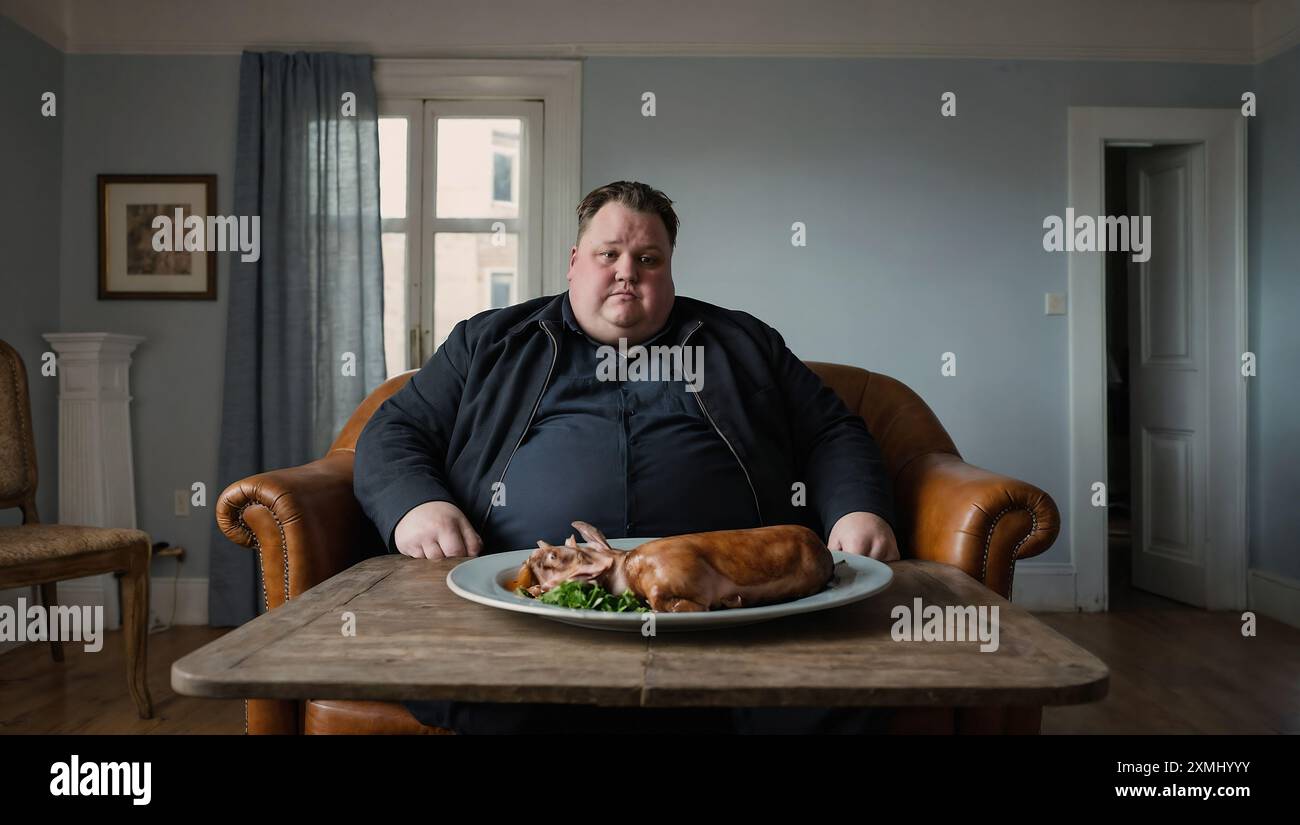 A view of an obese man sitting in an armchair with a lot of food on the ...