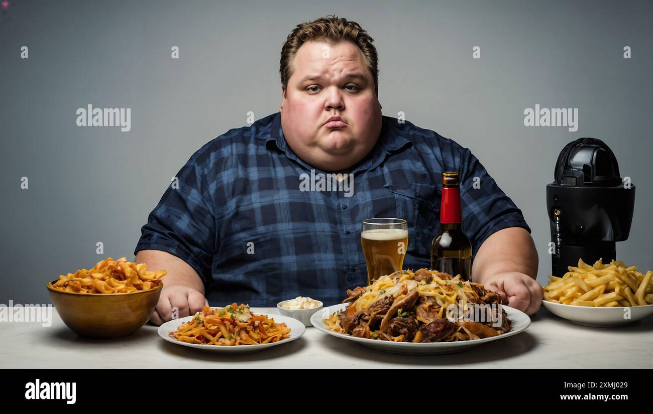 A view of an obese man sitting in an armchair with a lot of food on the ...