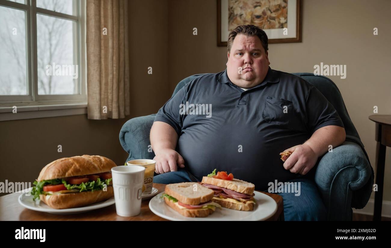 A view of an obese man sitting in an armchair with a huge sandwich on a ...