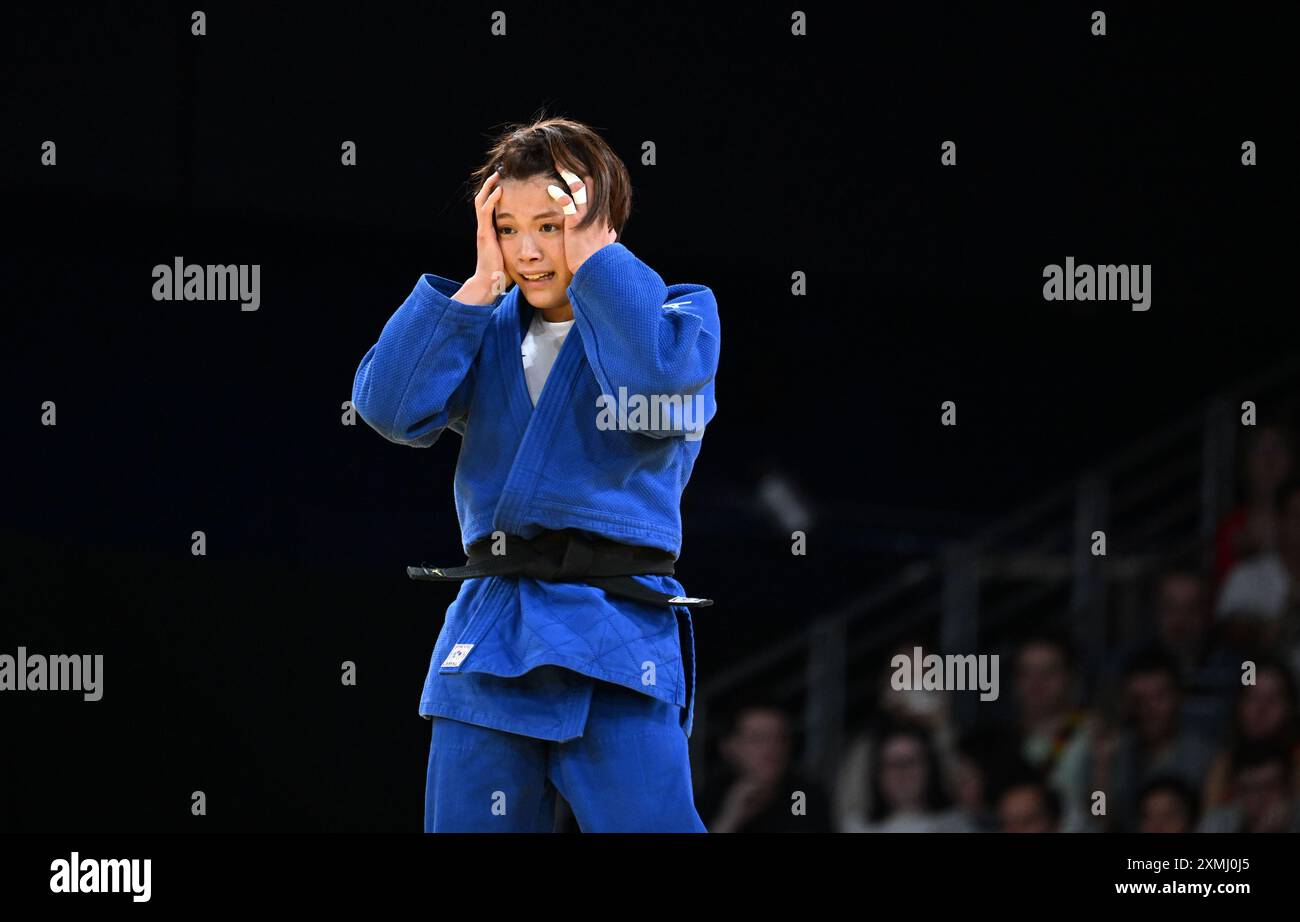 Paris, France. 28th July, 2024. Abe Uta of Japan reacts after the judo ...