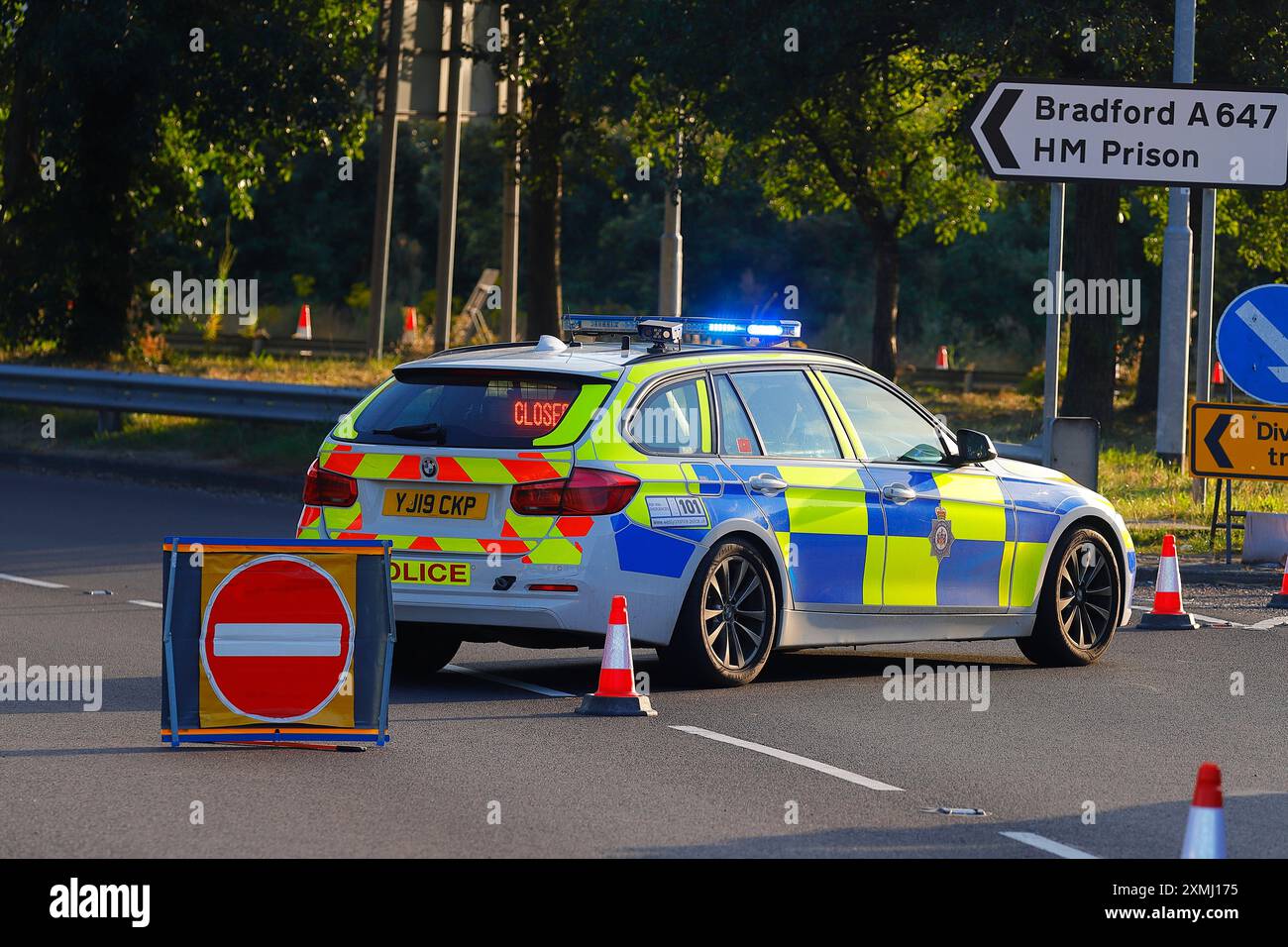 A Police vehicle from West Yorkshire Police Force used as a roadblock ...