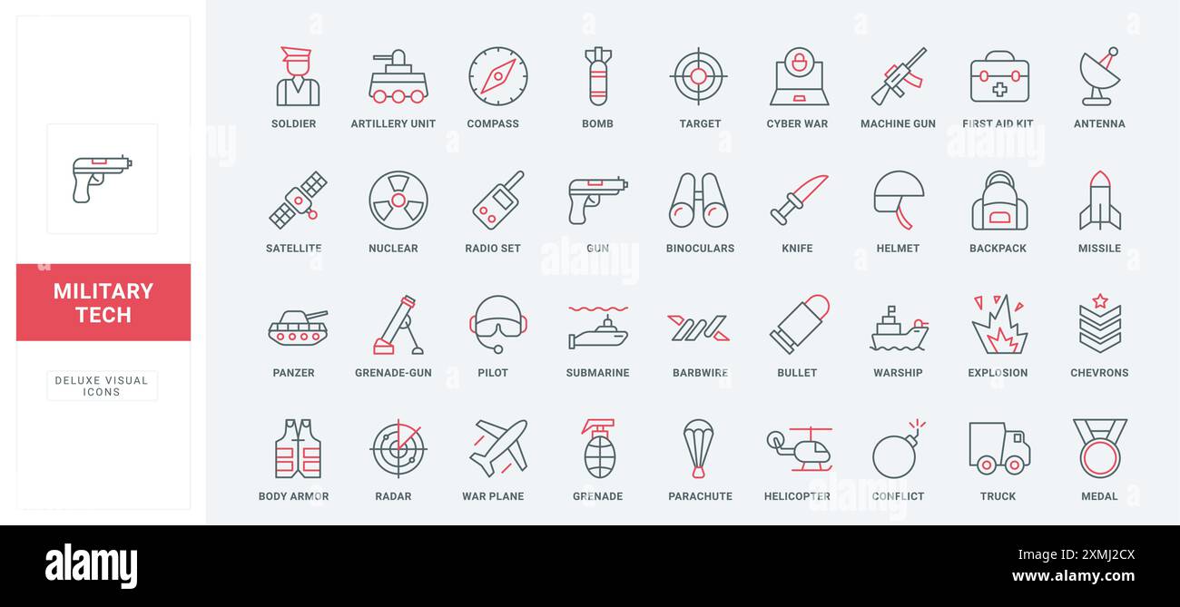 Military equipment, combat war weapon line icon set. Missile bomb and ...