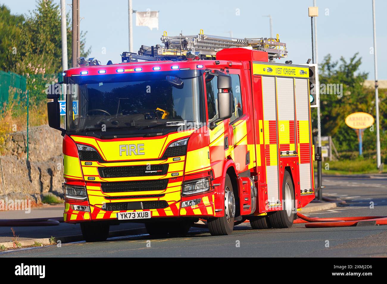 A new Emergency One Fire Truck in use by West Yorkshire Fire & Rescue at Canal Mills Fire in ...