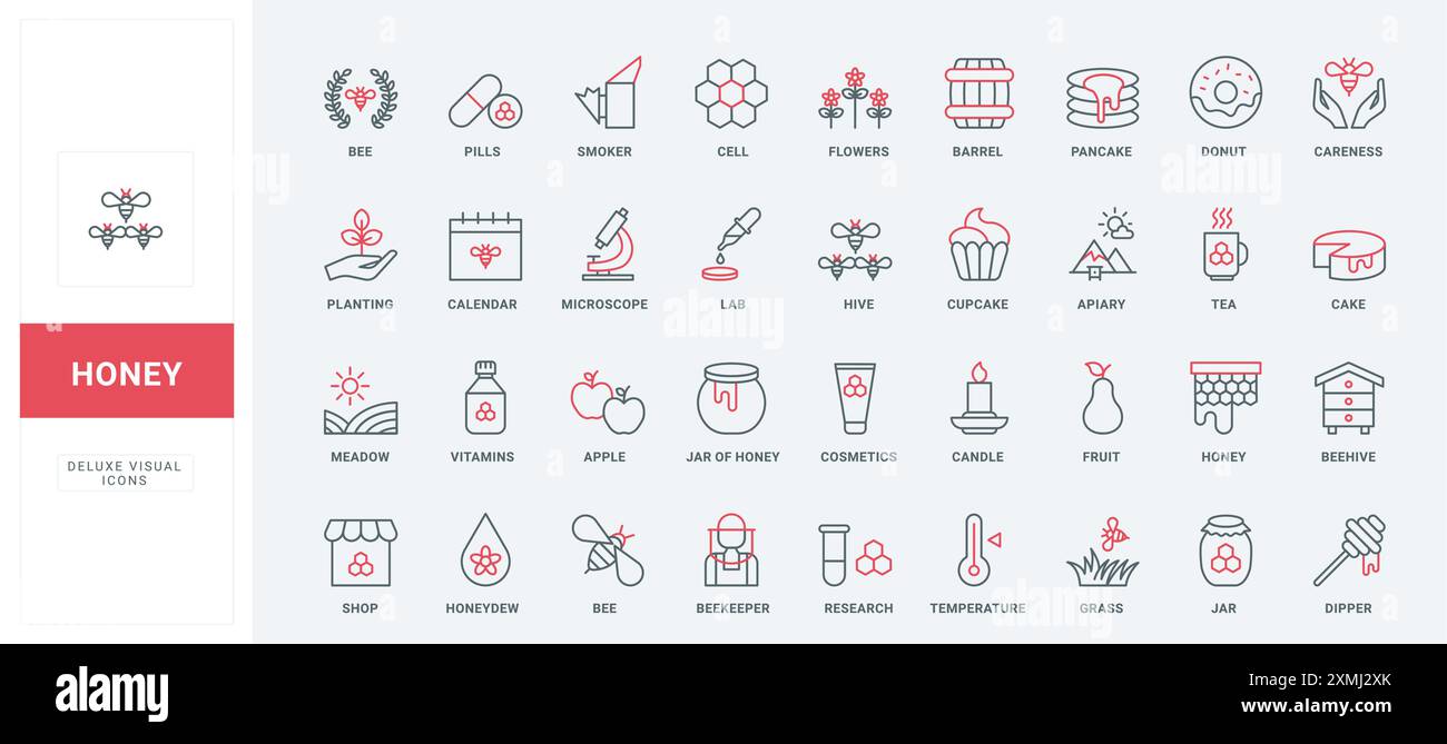 Honey products, apiary, beekeeping line icon set. Honeycomb and beehive ...