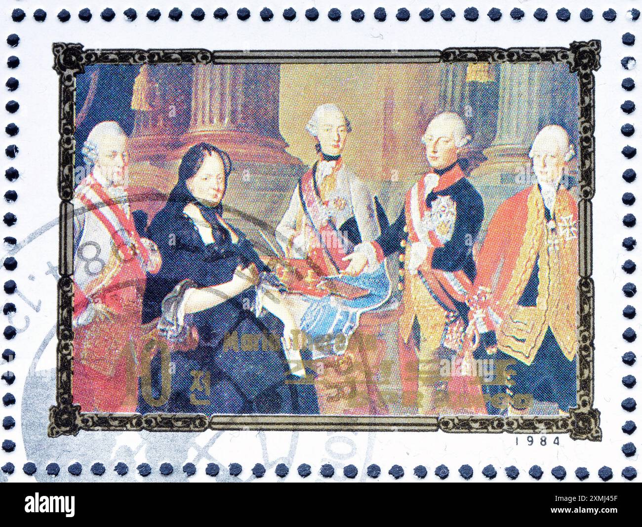 Cancelled postage stamp printed by North Korea, that shows Maria ...