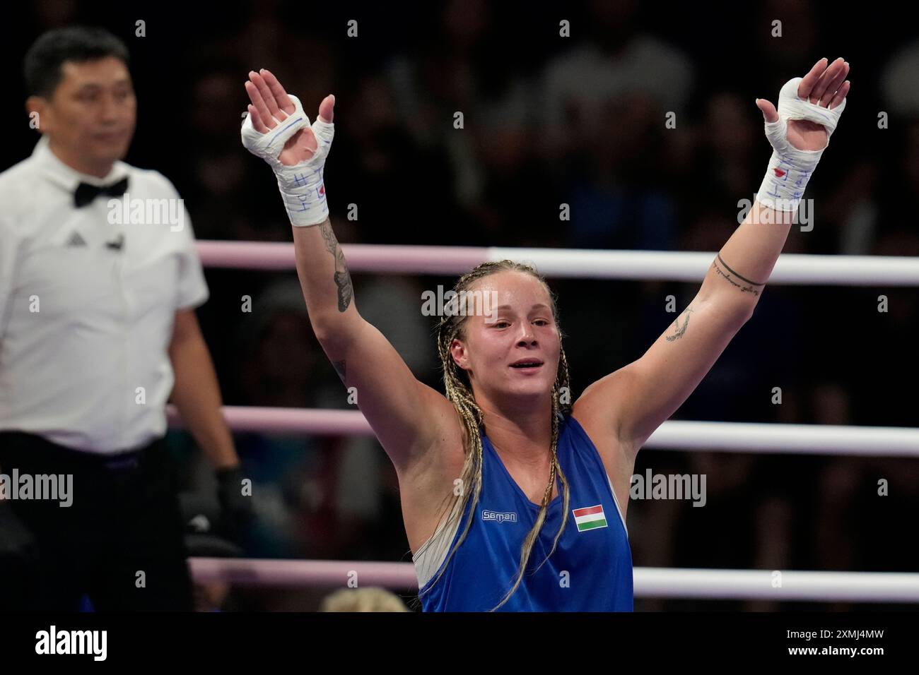 Hungary's Anna Hamori, celebrates after defeating Ireland's Grainne ...