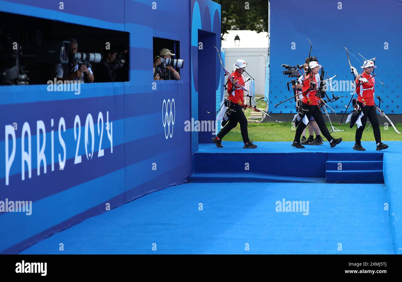 Paris, France. 28th July, 2024. An Qixuan, Yang Xiaolei and Li Jiaman (L to R) of China are seen ...
