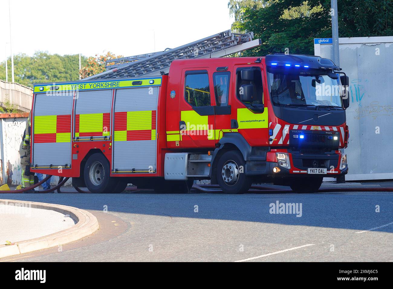 A Volvo fire engine pump in use by West Yorkshire Fire & Rescue at a ...