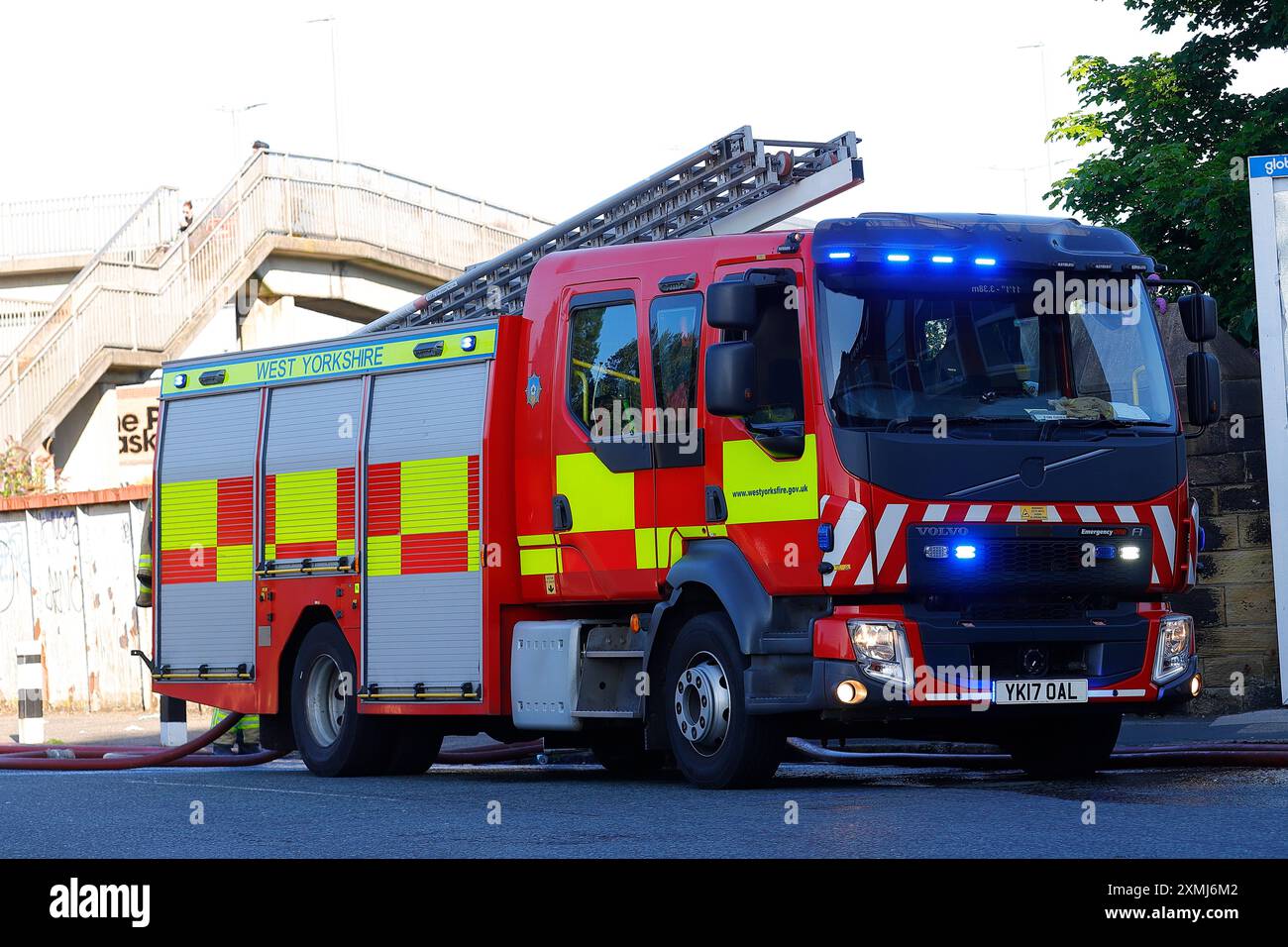 A Volvo fire engine pump in use by West Yorkshire Fire & Rescue at a ...