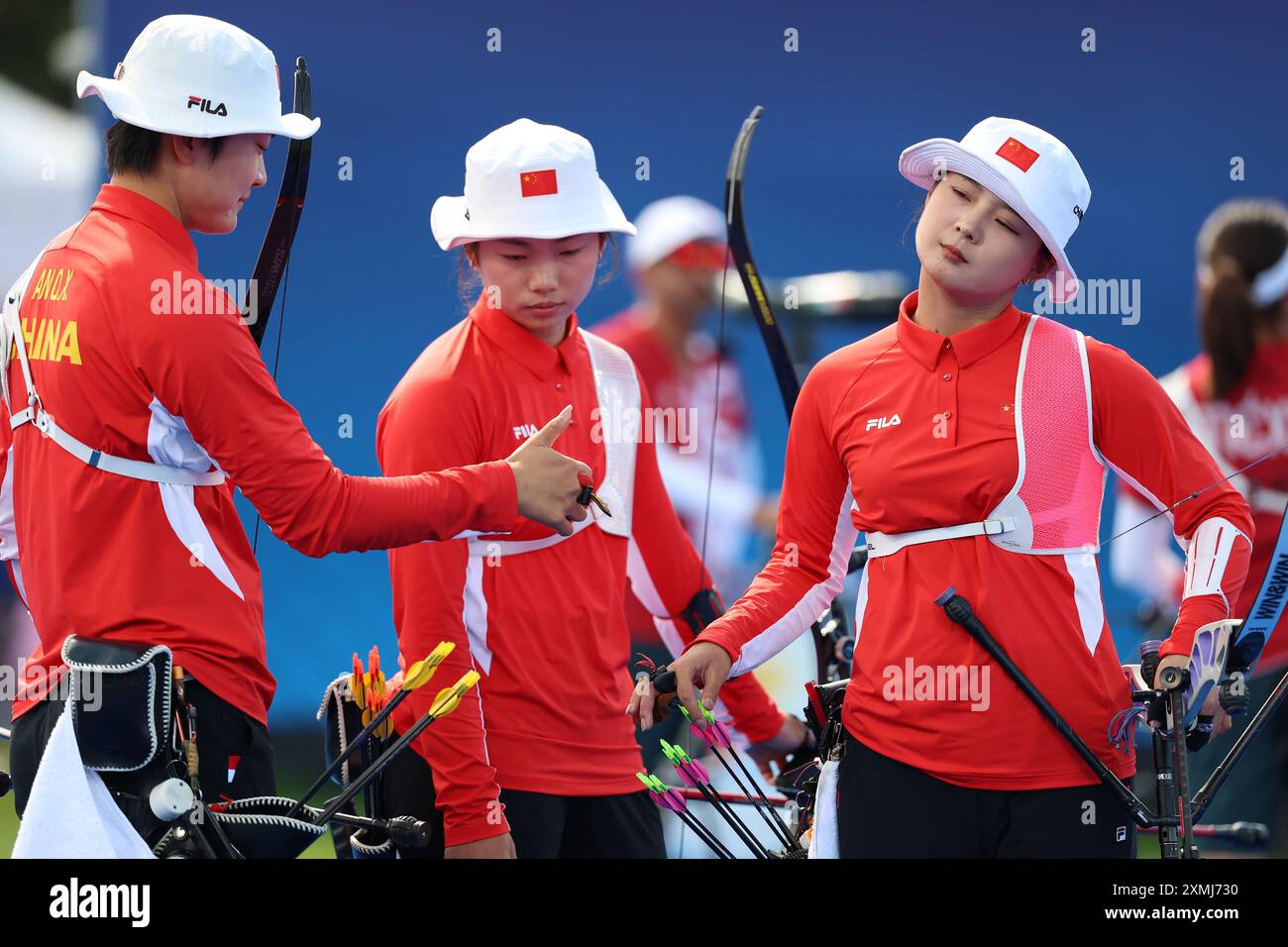 Paris, France. 28th July, 2024. An Qixuan, Yang Xiaolei and Li Jiaman (L to R) of China react ...
