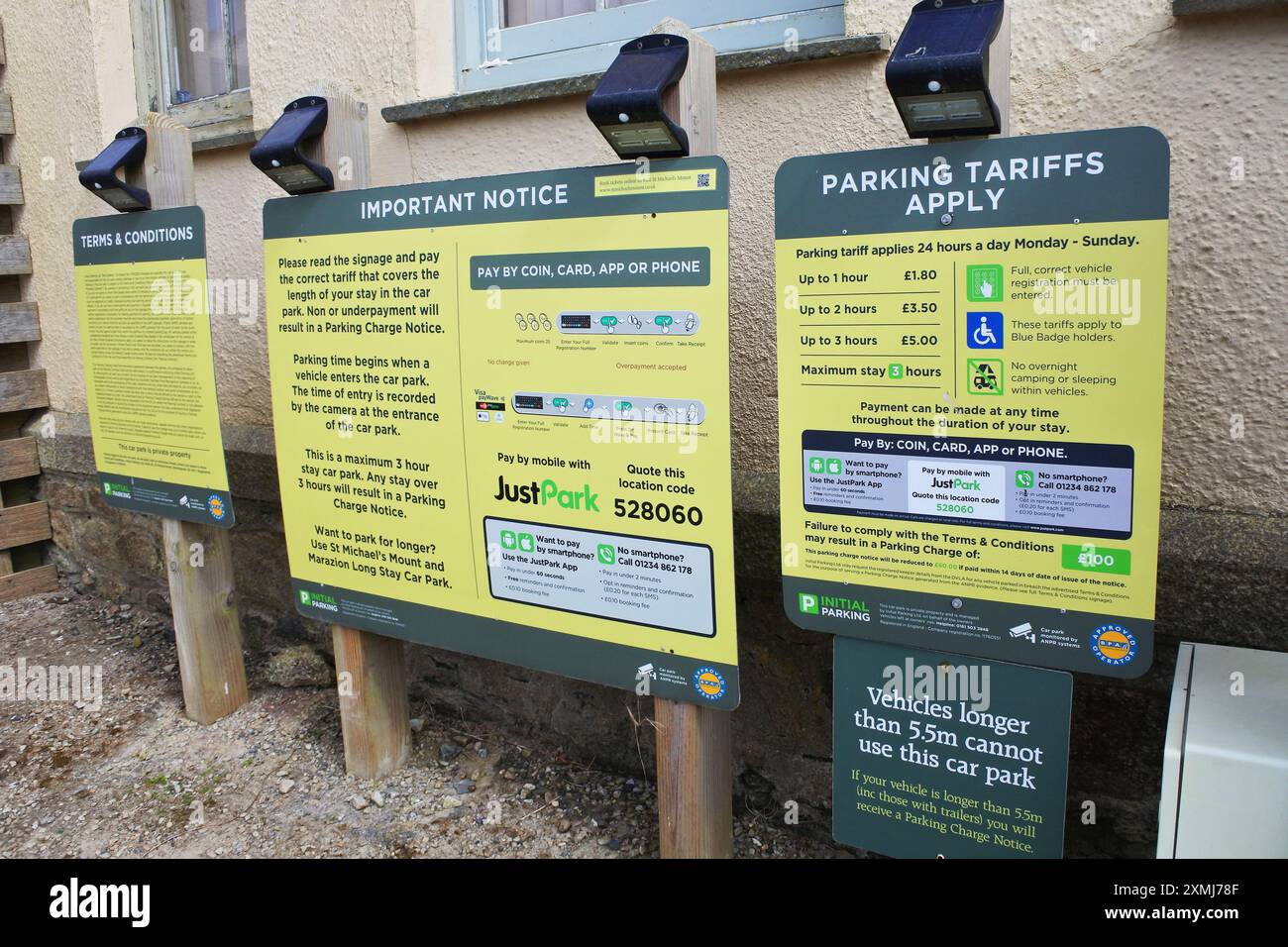 Information panels displaying car park charges, Marazion, Cornwall ...