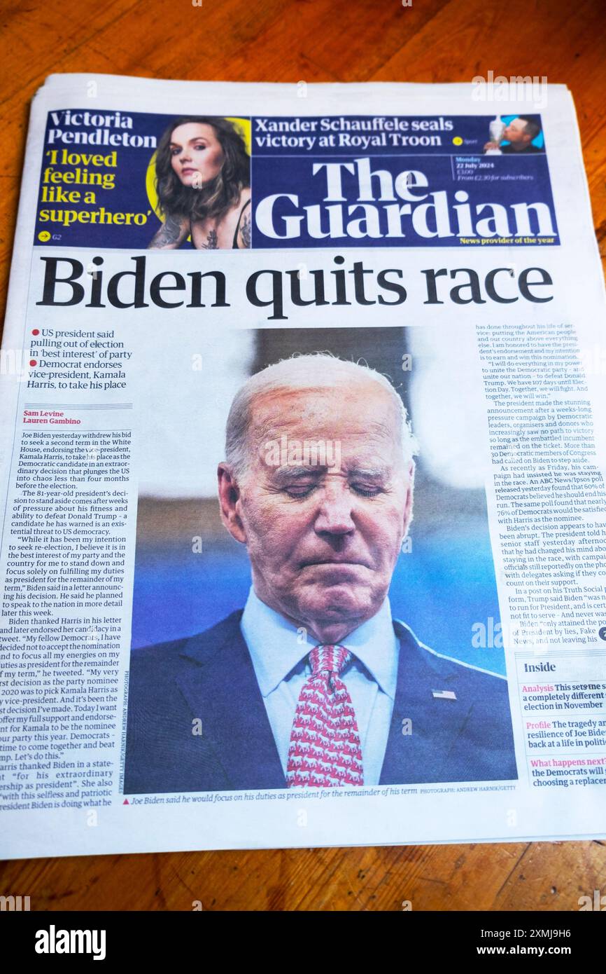 President Joe 'Biden quits race' Guardian newspaper headline front page ...