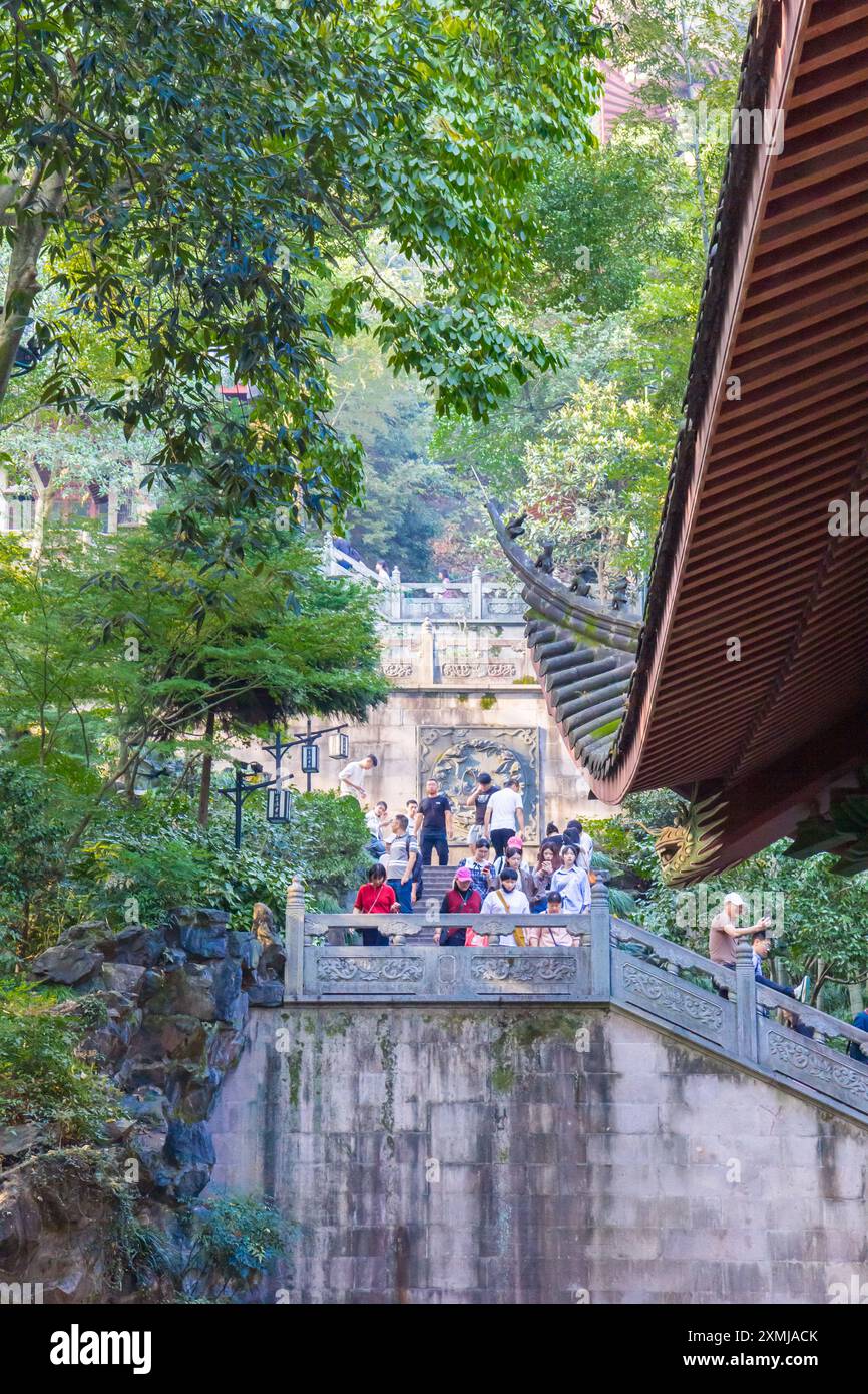 Stairs going up the hill in Lingyin Temple in Hangzhou, China Stock ...