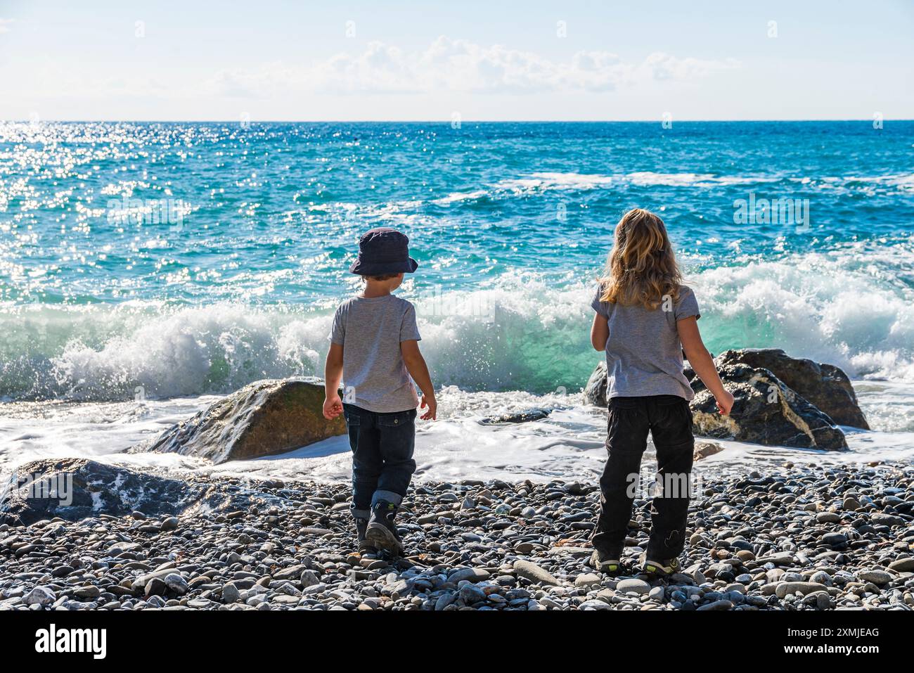 Children on the Beach in Vernazza Village, Cinque Terre, Italy Stock ...