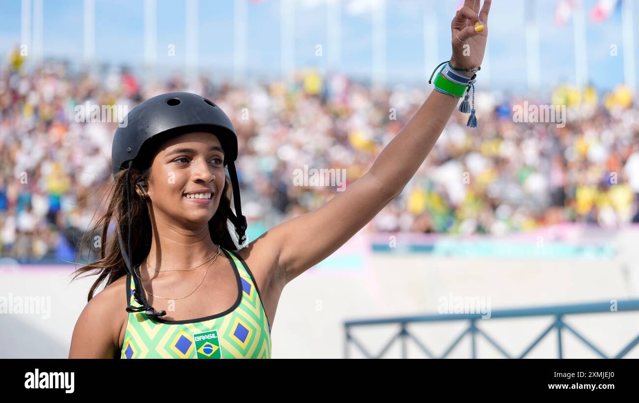Rayssa Leal, of Brazil, gestures to the fans after winning the bronze ...