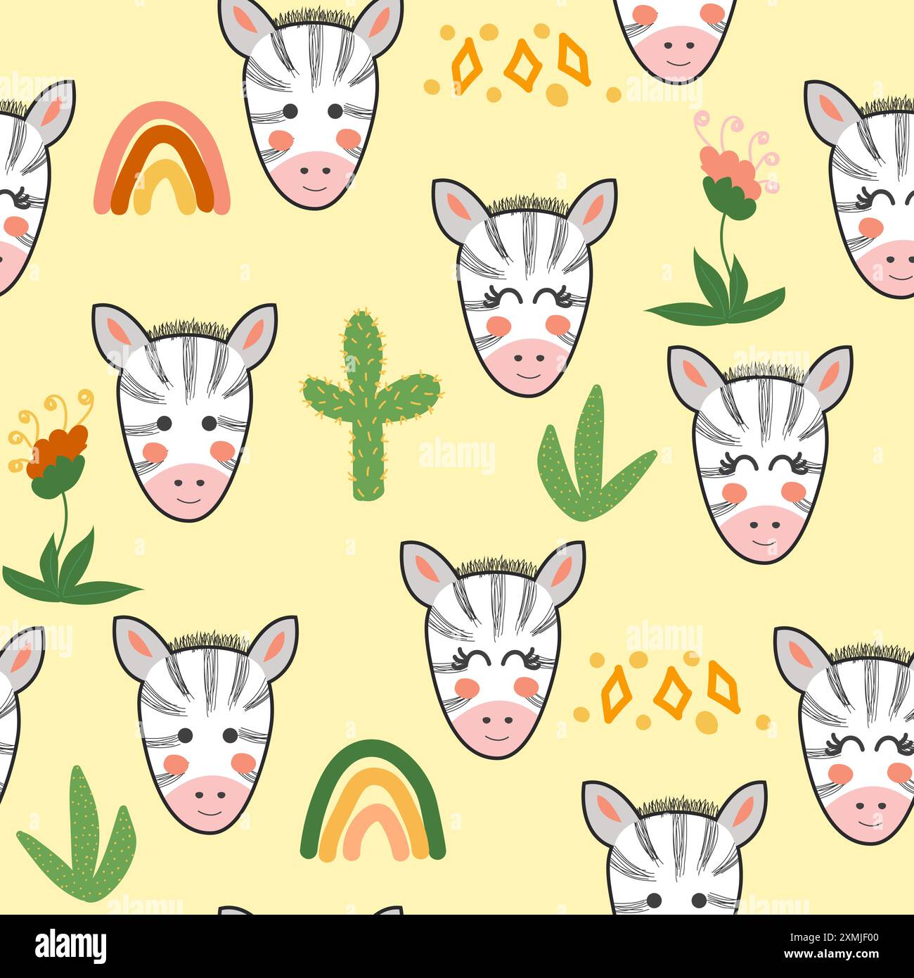 Seamless pattern with cute zebra animal faces. Illustration in boho ...
