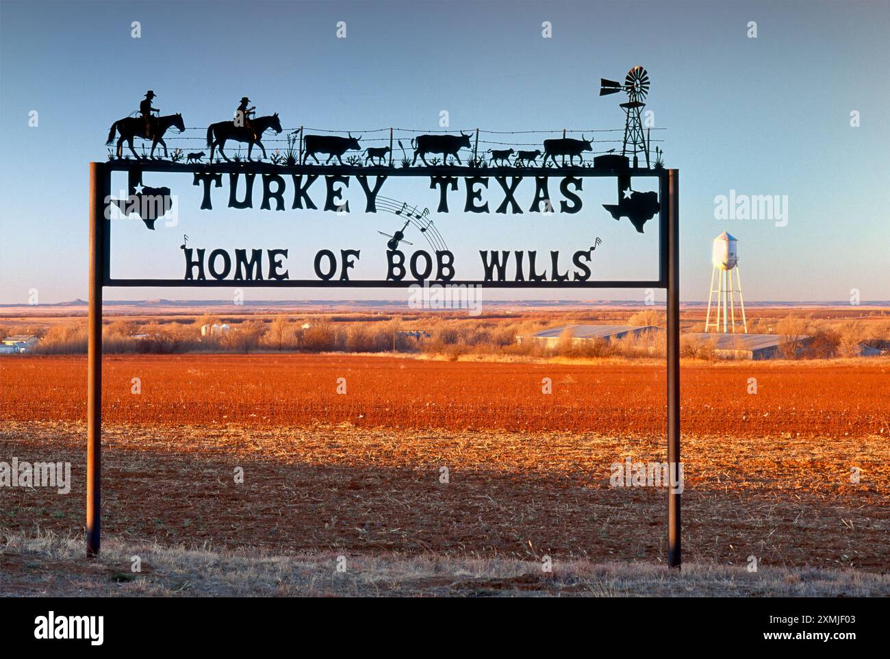 Wrought iron sign celebrating Western swing singer Bob Wills, in town ...