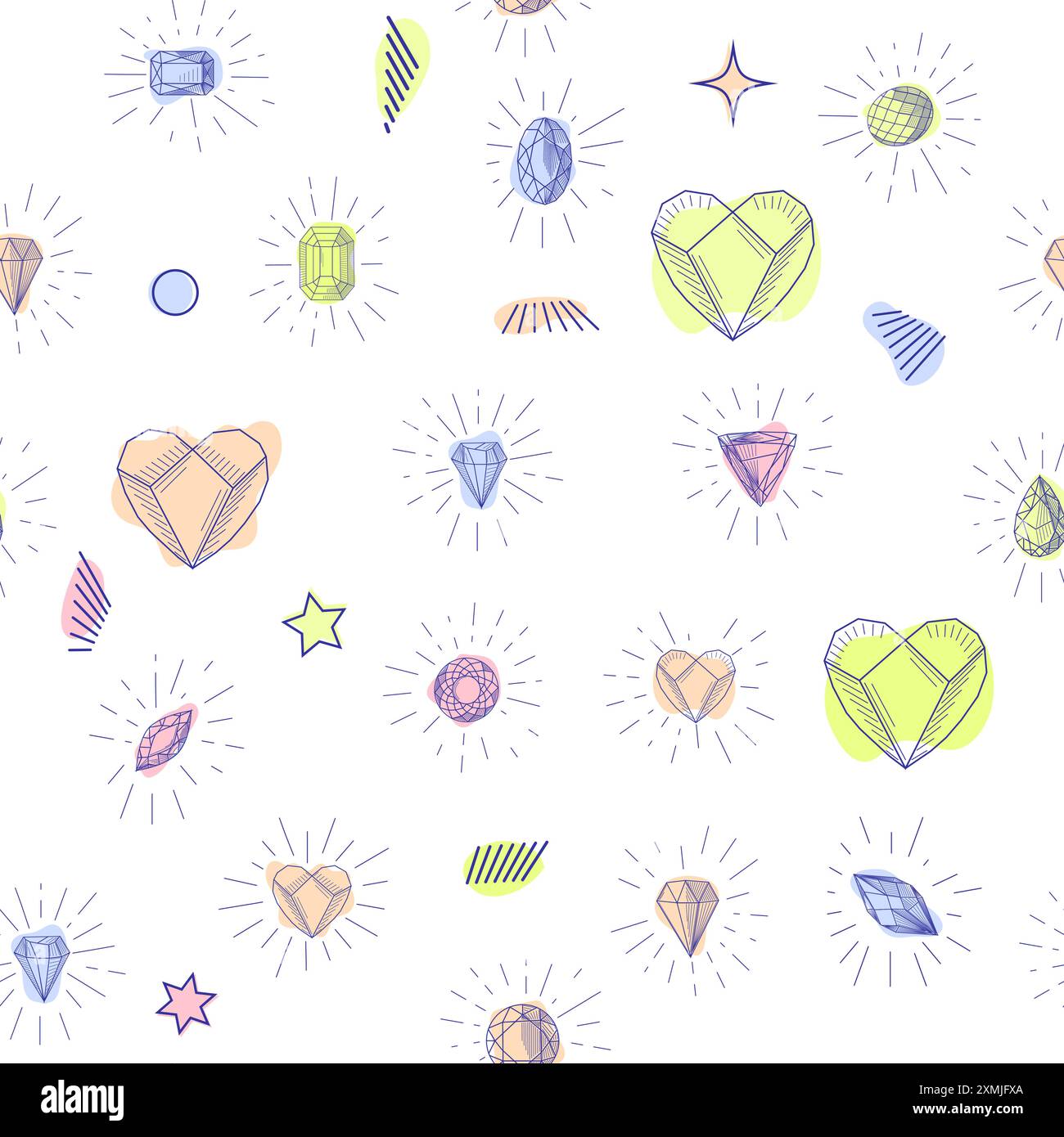 Gemstone crystal seamless pattern. Pastel gems and stars on white ...