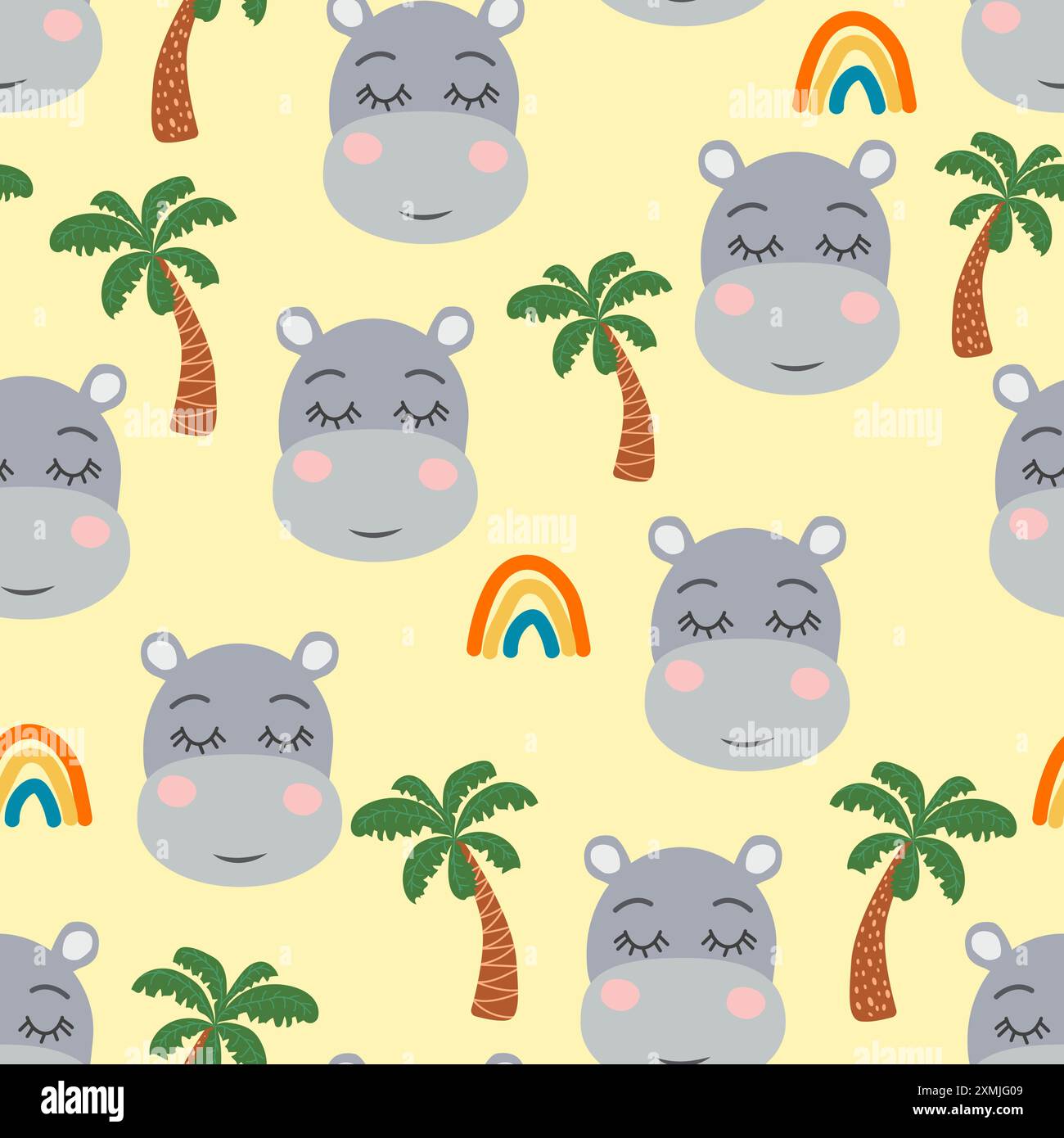 Seamless pattern with cute hippo animal faces. Illustration in boho ...