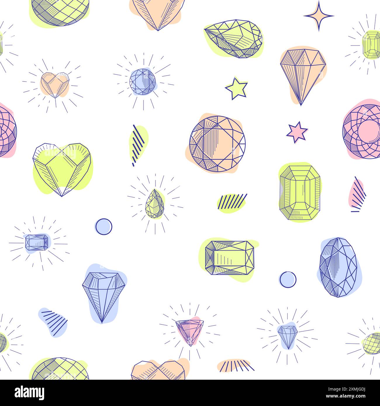 Gemstone crystal seamless pattern. Pastel gems and stars on white ...