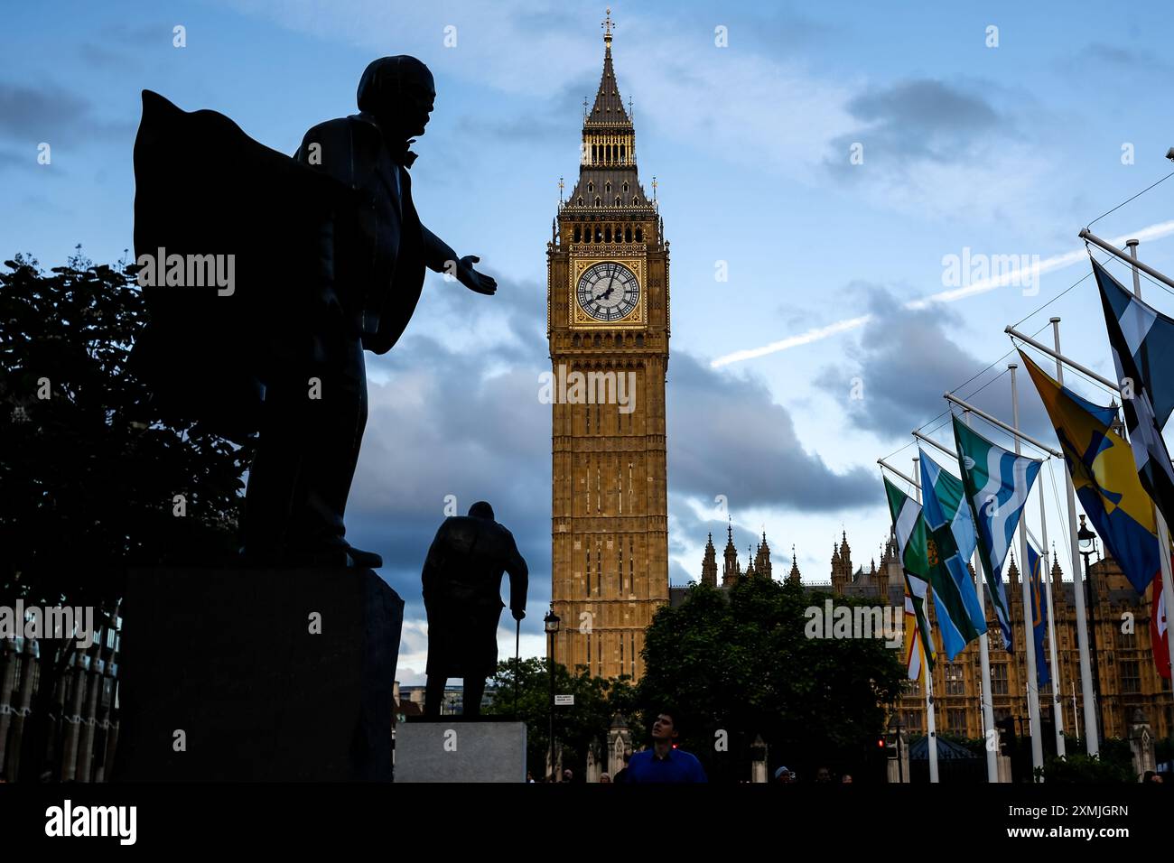 Statues of David Lloyd George and Sir Winston Churchill seen in front ...