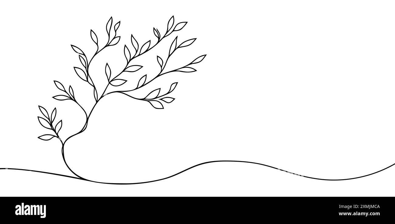Tree branch with leaves. One line continuous branch and leaves. Line ...
