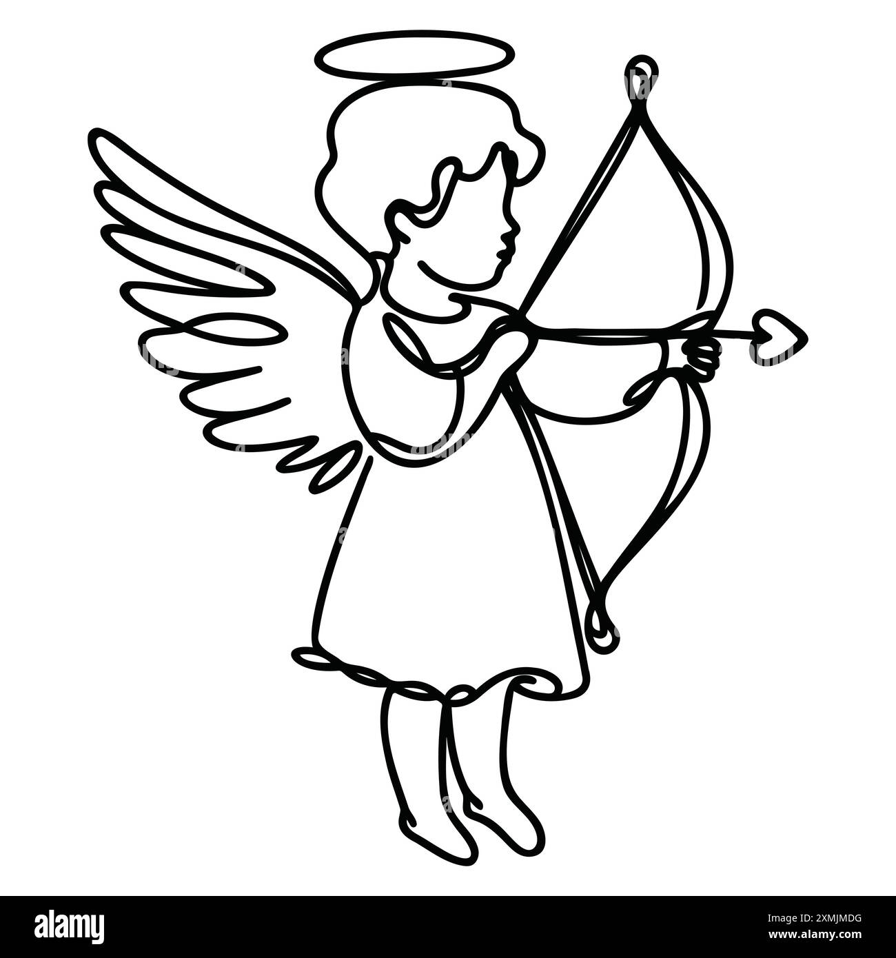 Continuous one line drawing of little angel Cupid. Little angel with ...