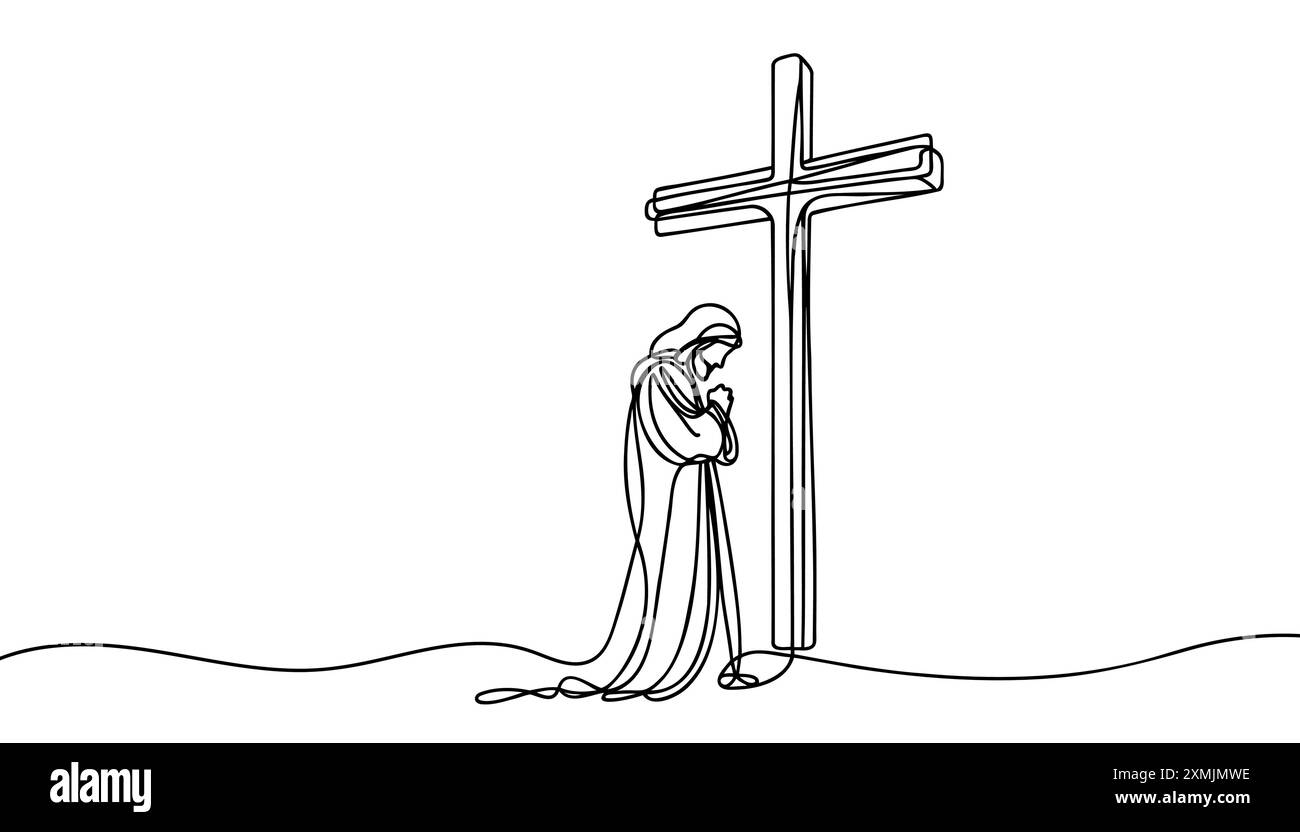 Continuous one line drawing of Jesus prays at the cross Stock Vector ...