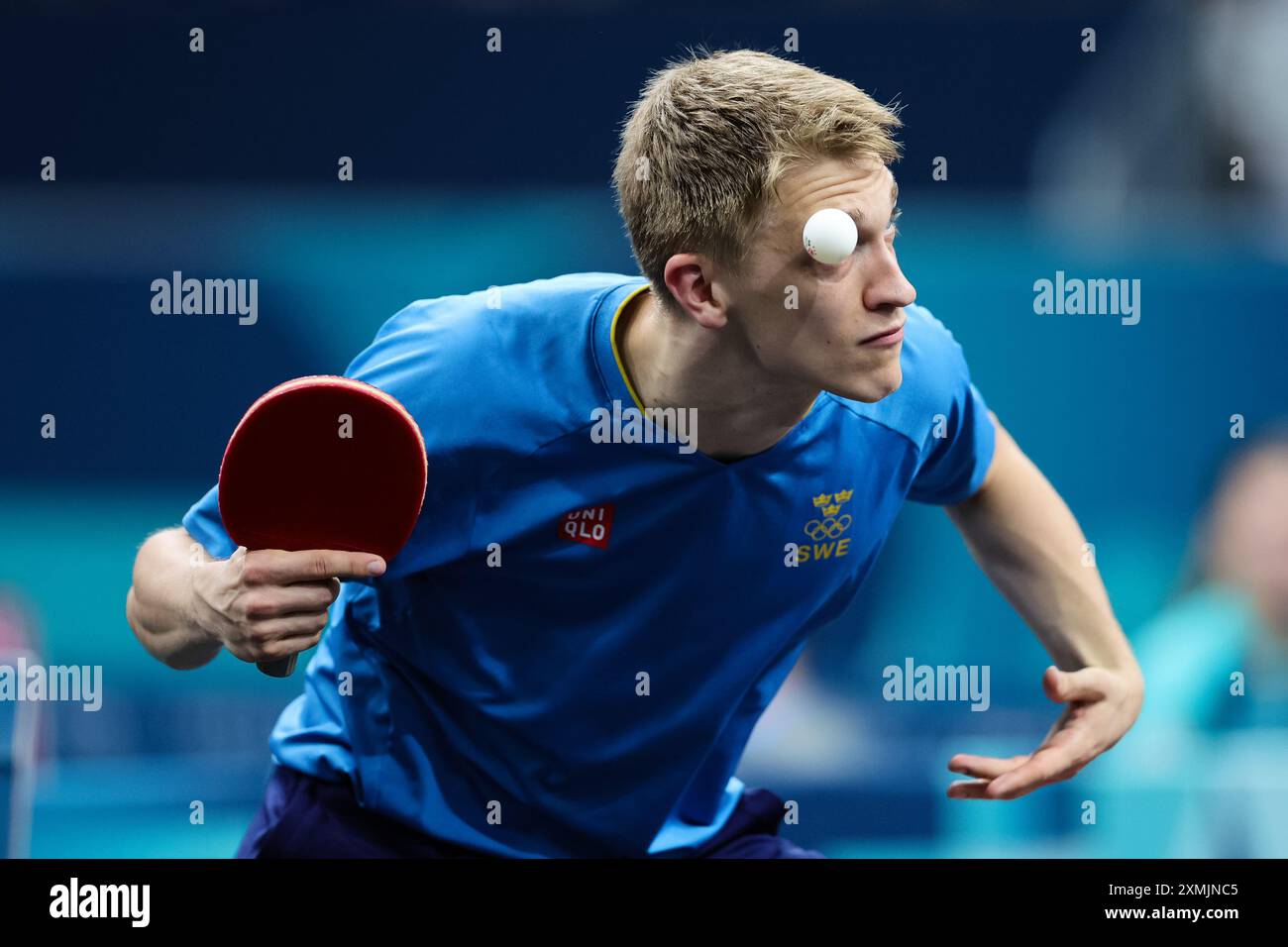 Paris, France, 28 July, 2024. Anton Kallberg serves during the Paris 2024 Olympic Games Table ...