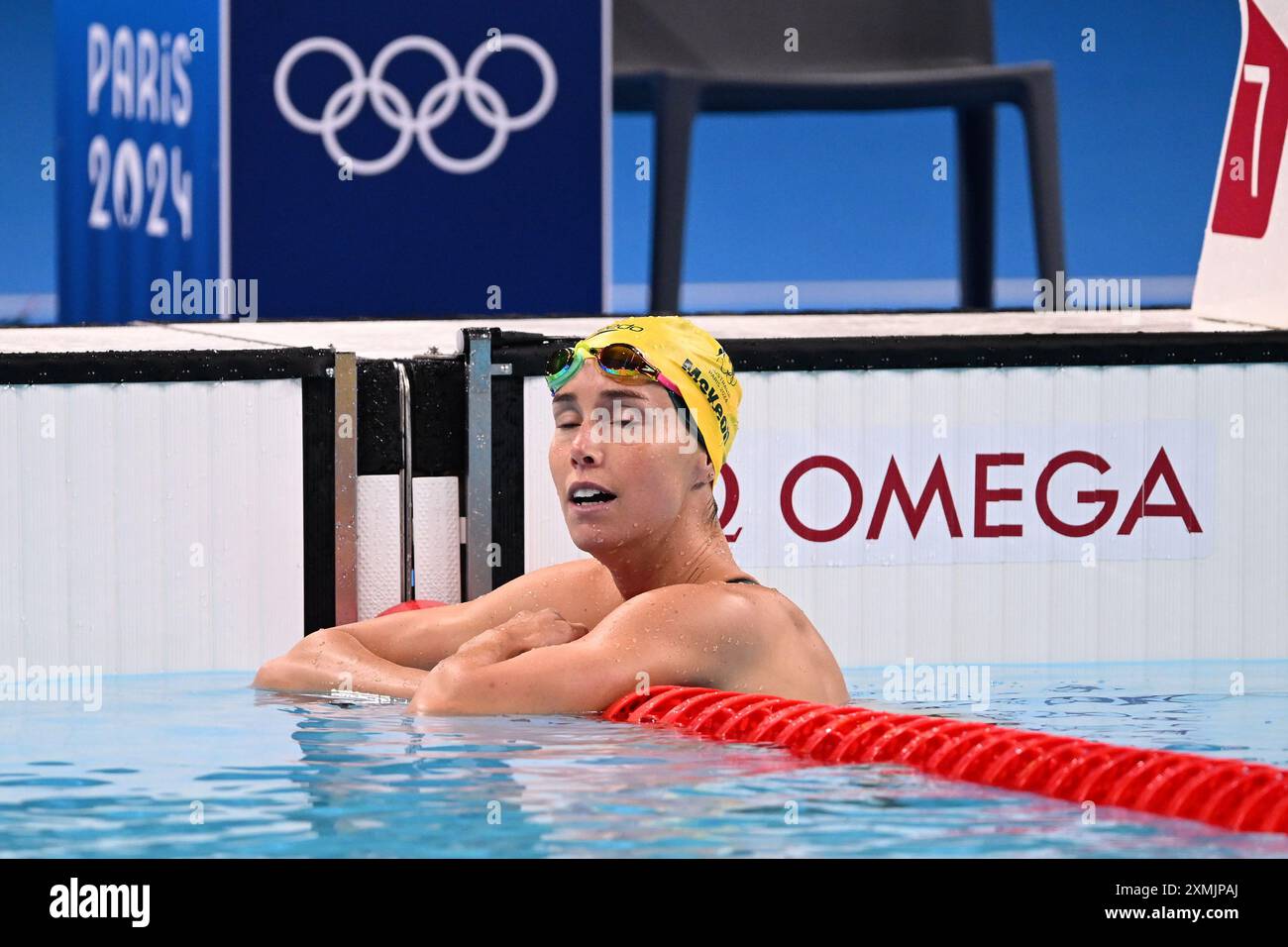 Paris, France. 28th July, 2024. Australian swimmer Emma McKeon reacts ...