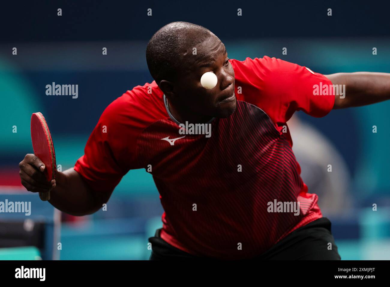 PARIS, FRANCE - JULY 28: Saheed Idowu serves during the Paris 2024 Olympic Games Table Tennis ...