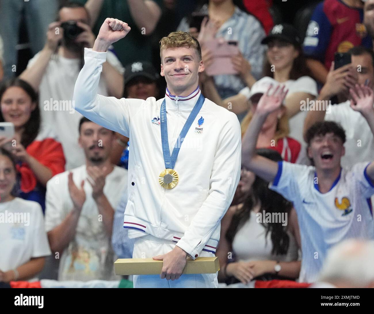 Paris, France. 28th July, 2024. Gold medalist Leon Marchand of France ...