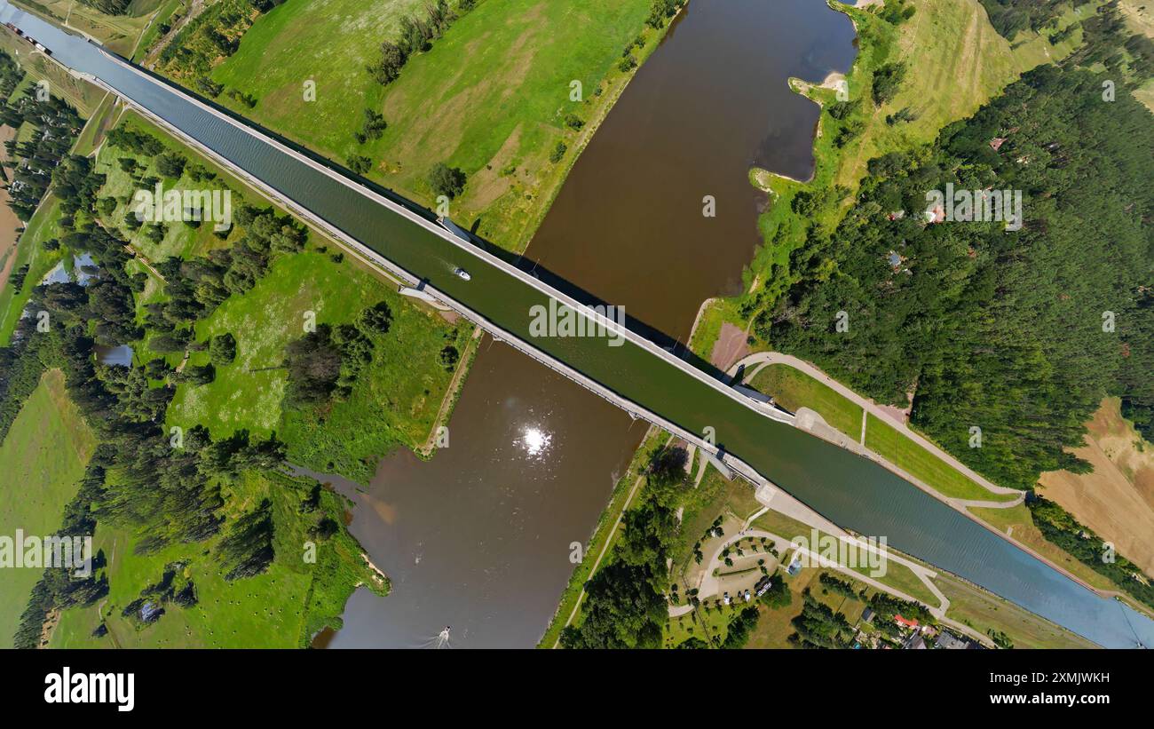 An aerial view of the Magdeburg Water Bridge spanning the River Elbe ...