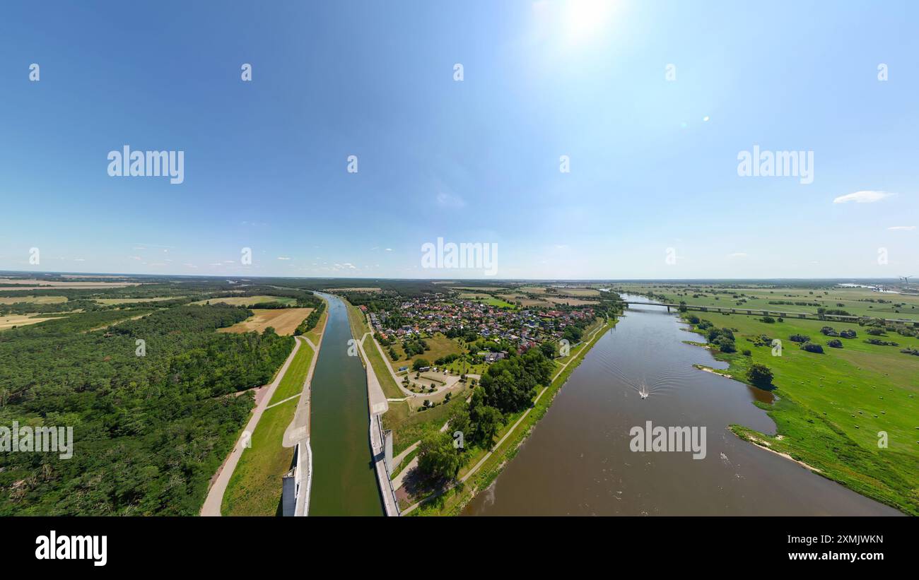 An aerial view of the Magdeburg Water Bridge spanning the River Elbe ...