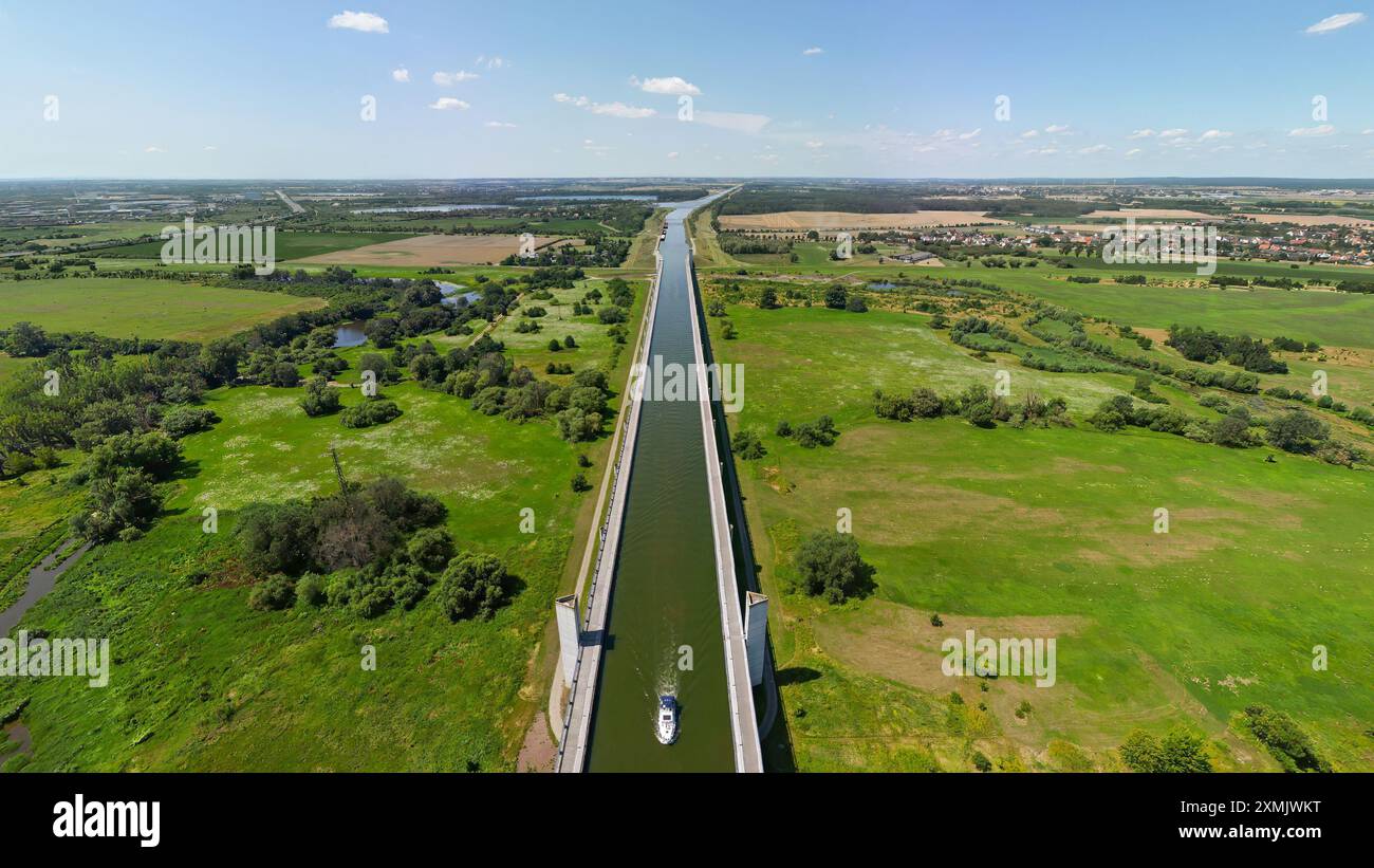 An aerial view of the Magdeburg Water Bridge spanning the River Elbe ...