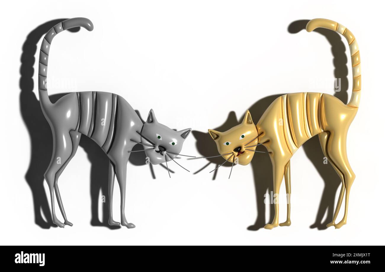 Gray and red tabby cat arched back on isolated background, 3D rendering ...