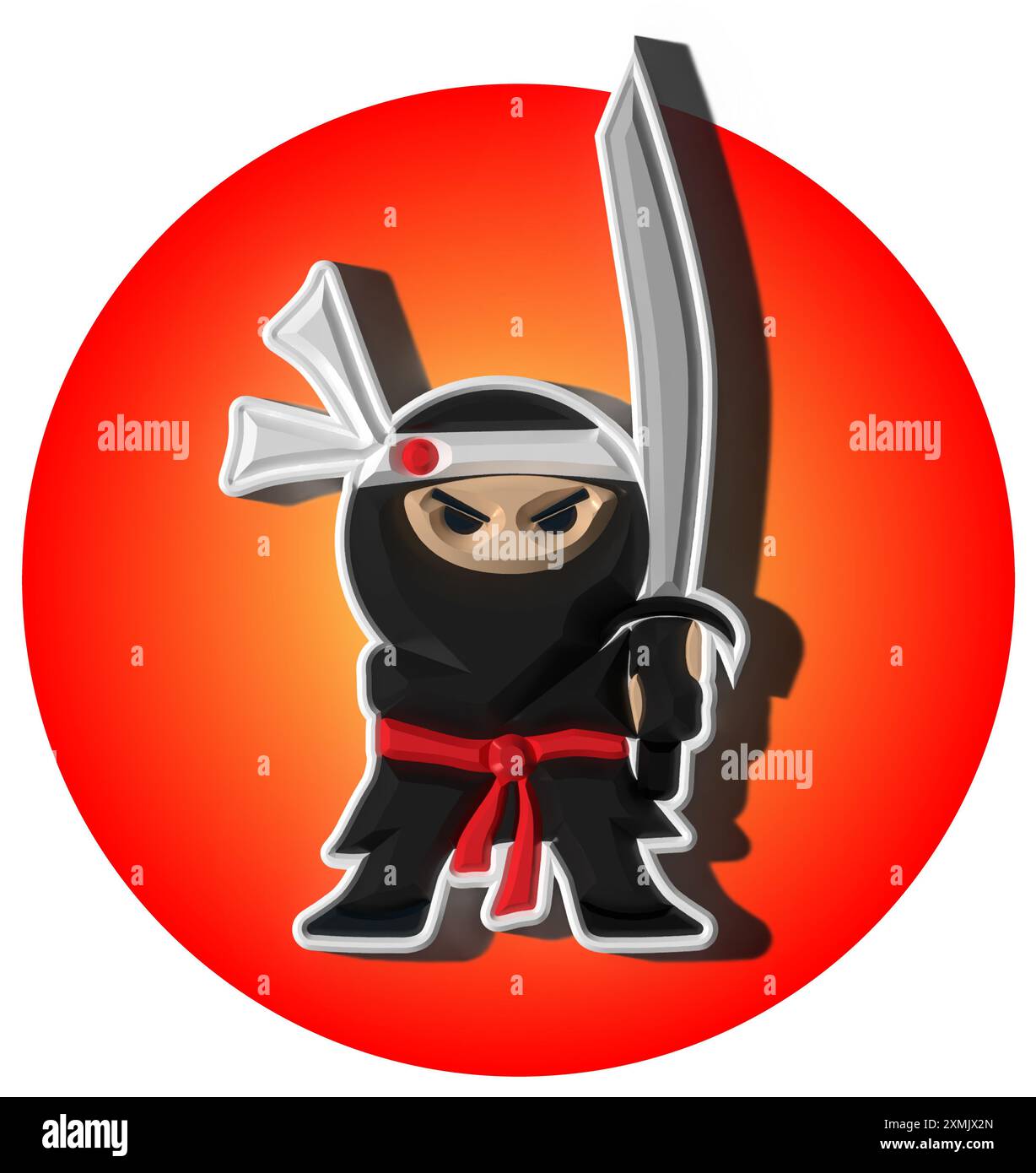 Ninja character in black suit and headband, sword in hands, red ...